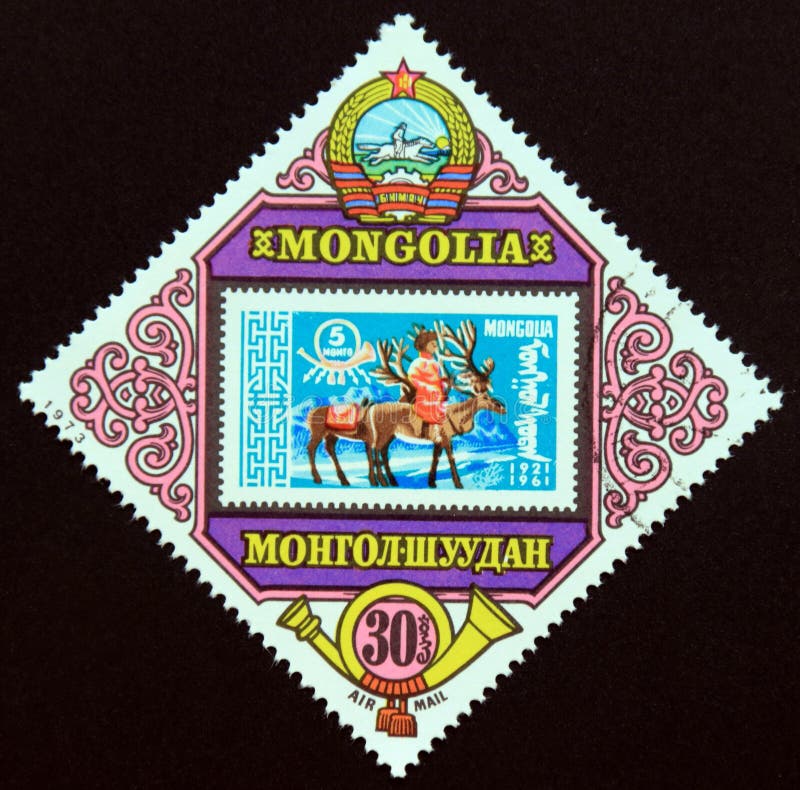 Postage Stamp Mongolia, 1973. Postman on Reindeer Editorial Image ...