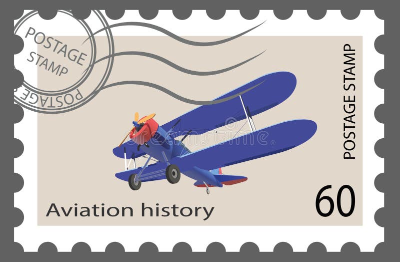 Postage Stamp with a Picture of a Blue Airplane. Vector Stock Vector ...