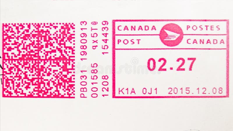 Postage Stamp Printed in Canada Shows Franking Machine Stamp, Dated ...