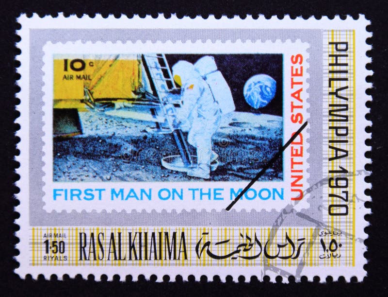 Post Stamp Ras Al Khaima, 1969, First Man on the Moon Editorial Image ...