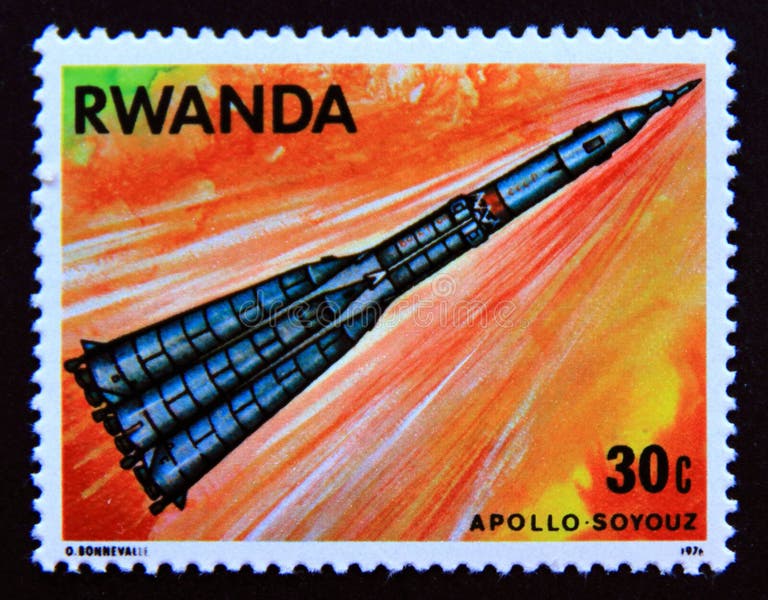 Postage Stamp Rwanda, 1976. Apollo Soyuz Rocket in Space Editorial ...