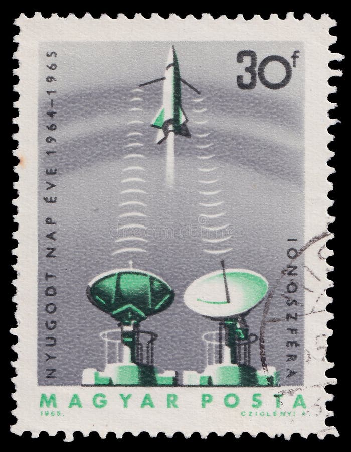 Postage Stamp with Vintage Illustration of Radar Tracking Space Rocket ...