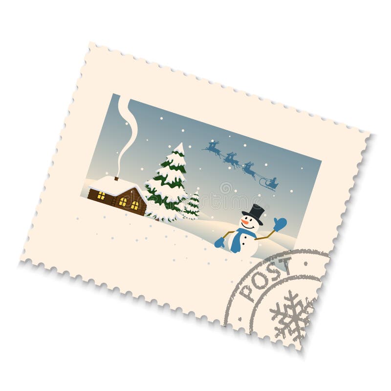 Postage Stamp Winter Landscape with a Cheerful Snowman Stock Vector ...