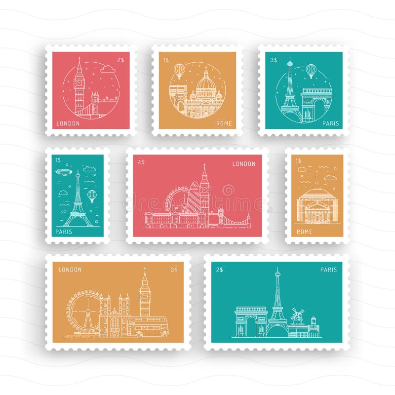 Postage Stamps with Architectural Landmarks Stock Vector - Illustration ...