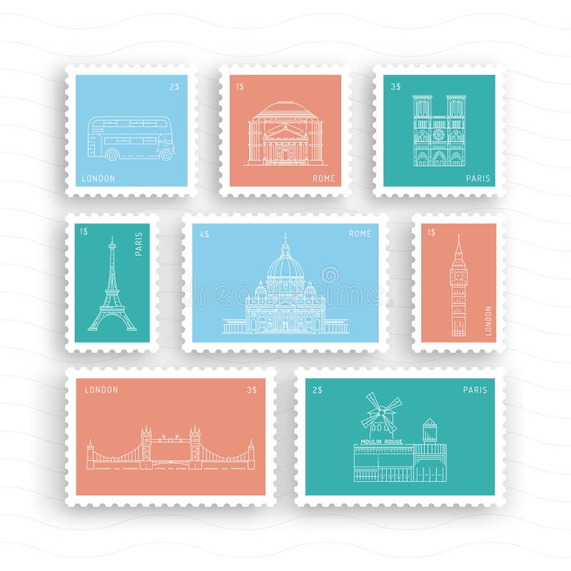 Postage Stamps with Architectural Landmarks Stock Vector - Illustration ...