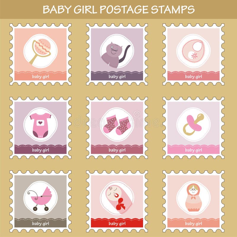 Postage Stamps with Baby Girl Objects Stock Vector - Illustration of ...