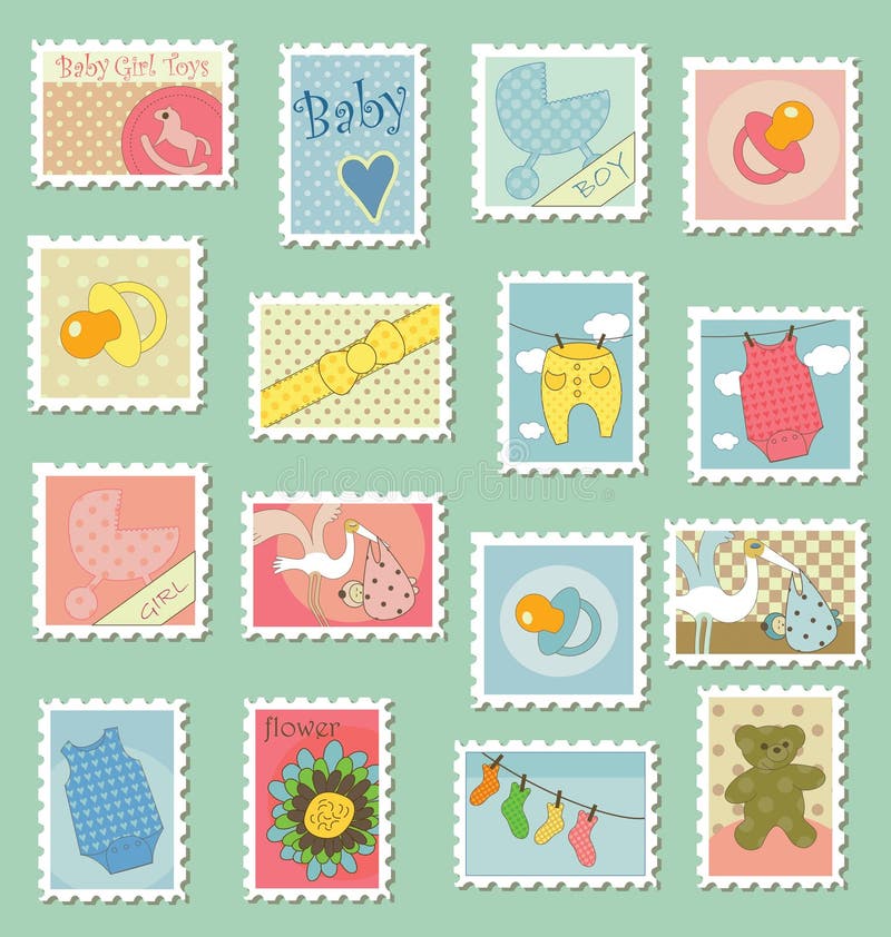 Baby Boy Postage Stamps stock vector. Illustration of celebration ...