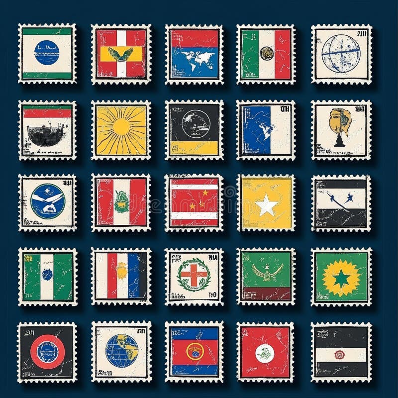 Postage Stamps with Flags of Different Countries. Set of Vector Stamps ...