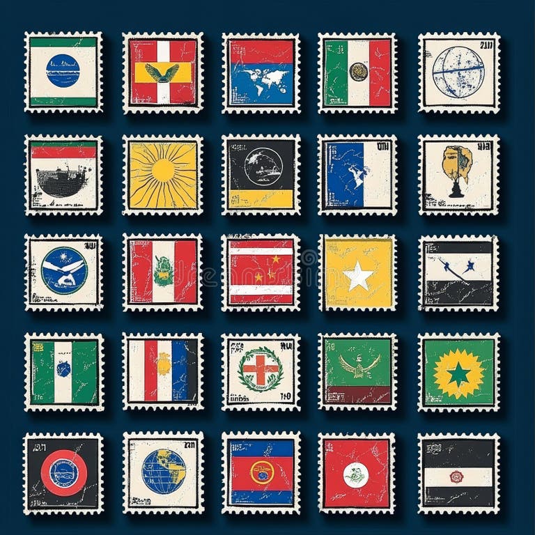 Postage Stamps with Flags of Different Countries. Set of Vector Stamps ...