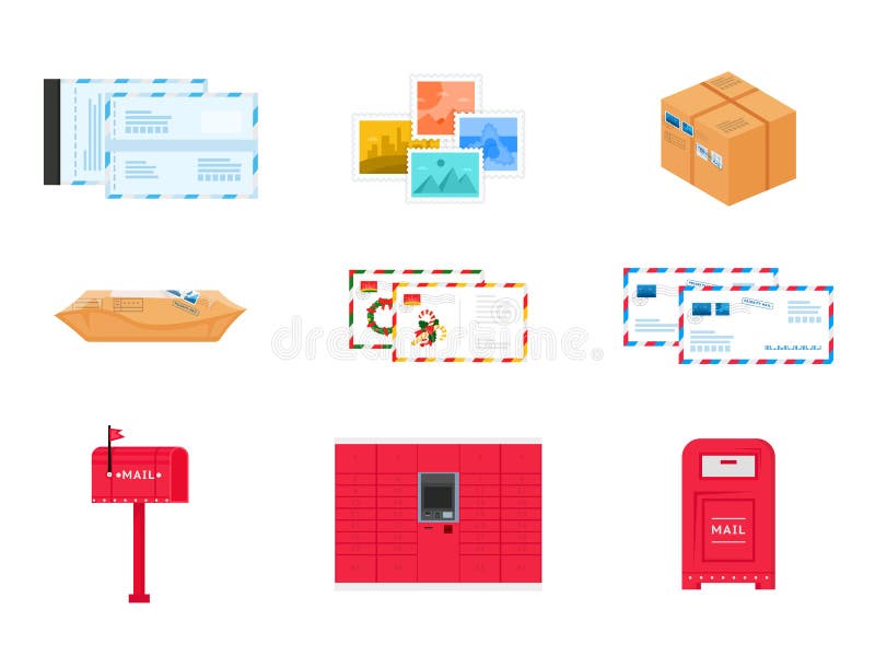 Postal Delivery Service Icons and Objects Set Stock Vector ...