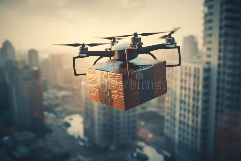 Postal Drone . the Drone Carries a Cardboard Box Illustration of a ...