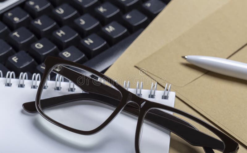 Postal Envelopes, Computer Keyboard, Glasses and Ballpoint Pen Stock ...