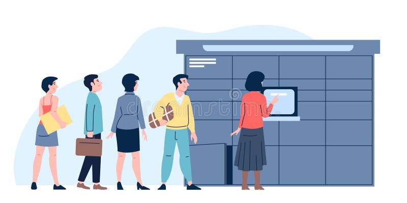 Postal Locker. Waiting Line To Postomat. People Receive and Send ...