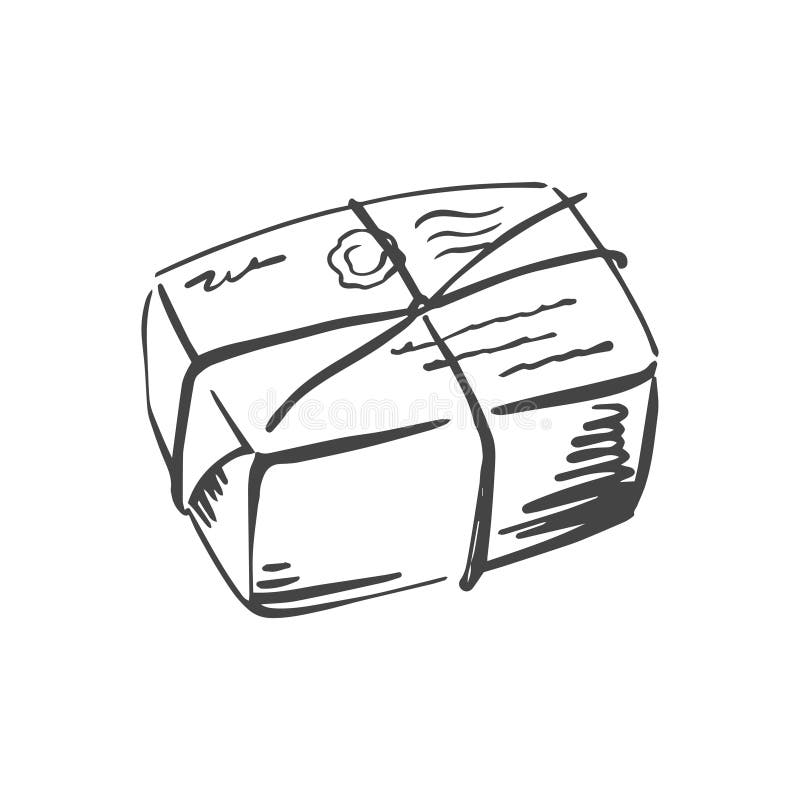 Postal Parcel with Stamp Sketch. Mail Box Delivery. Vector Hand-drawn ...