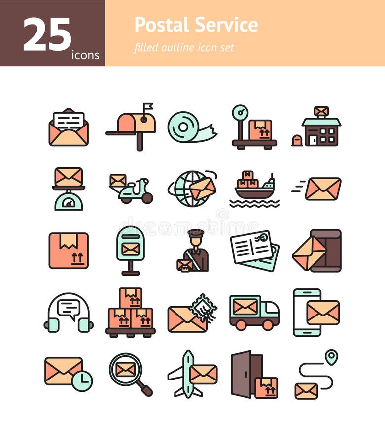 Postal Service Filled Outline Icon Set. Stock Vector - Illustration of ...