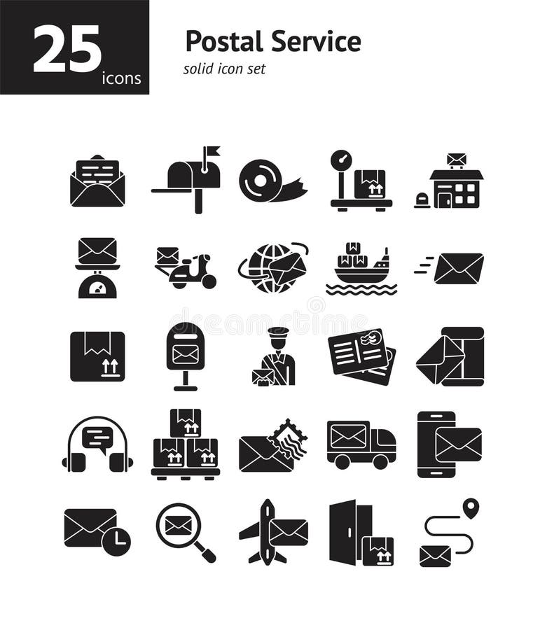 Postal Service Solid Icon Set. Stock Vector - Illustration of ...