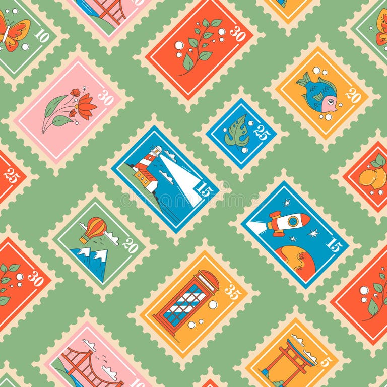 Postal Stamp Seamless Pattern Features Various Marks Arranged in a ...