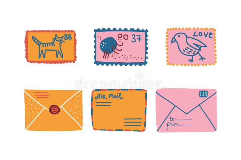 Postal Symbol with Closed Letter and Postage Stamp or Mark Vector Set ...