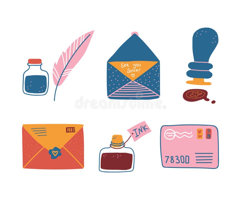 Postal Symbol with Letter, Postage Stamp, Ink and Seal Vector Set Stock ...