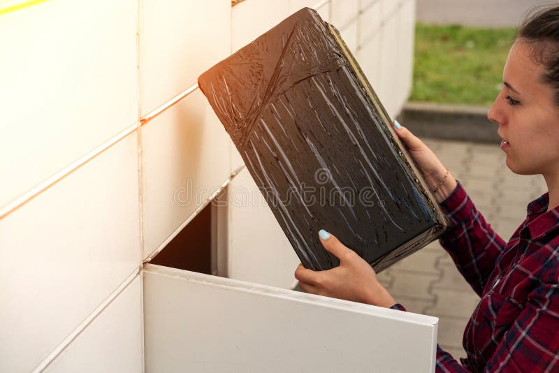 Postal Terminal. Post Delivery Automat Service and Hands with Parcel ...