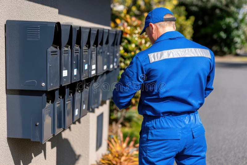 Postal Worker in Blue Uniform Collecting Mail from Community Mailboxes ...