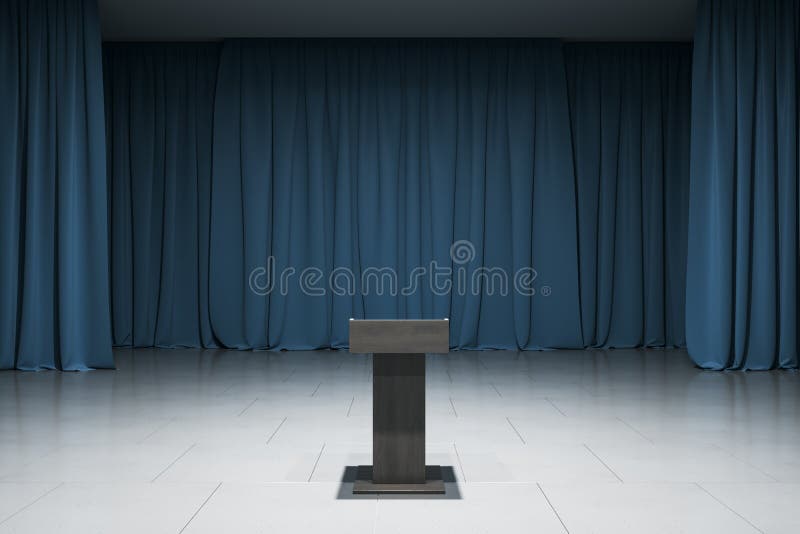 A Postament on the Empty Stage with Blue Curtains and Concrete Floor ...