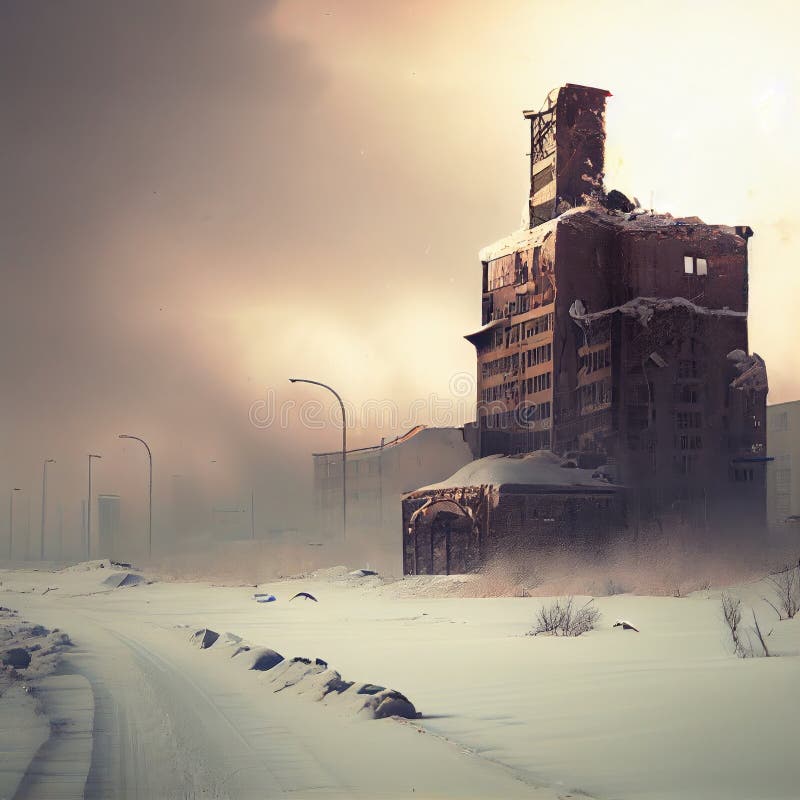 Postapocalyptic City in Aftermath of Nuclear Winter with Smoking Remains Stock Illustration ...