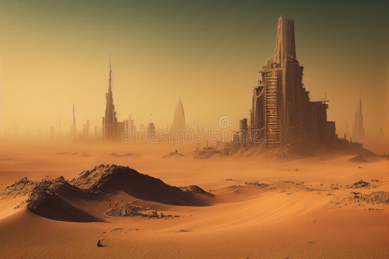Postapocalyptic City Covered in Dust, with only the Tallest Buildings ...