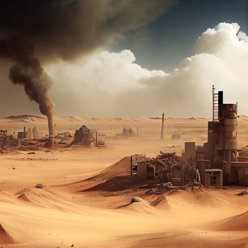 Postapocalyptic City with Desert Landscape and Smoking Sky Stock ...