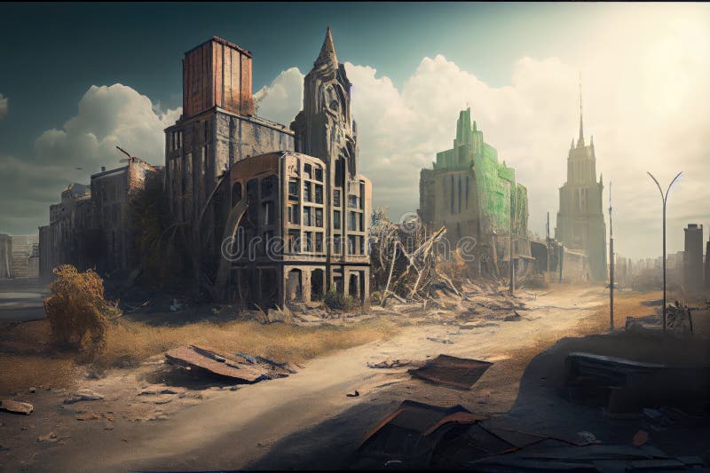 Postapocalyptic City, with View of the Remains of a Once-great Building ...