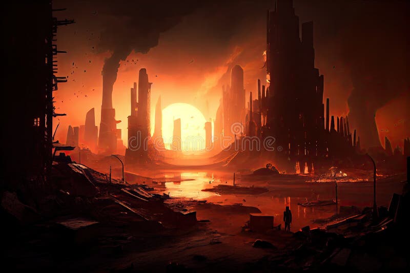 Postapocalyptic City, with View of the Ruined Skyline and Smoldering ...