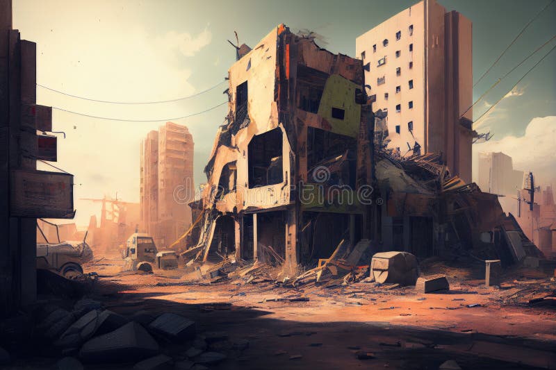 Postapocalyptic Cityscape with Broken Buildings and Rubble on the ...