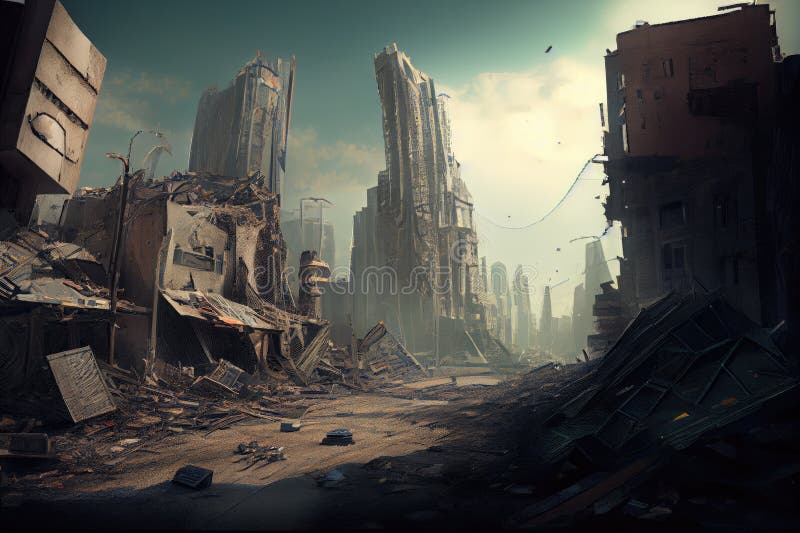 Postapocalyptic Cityscape with View of Massive Dust Storm, Broken Glass ...