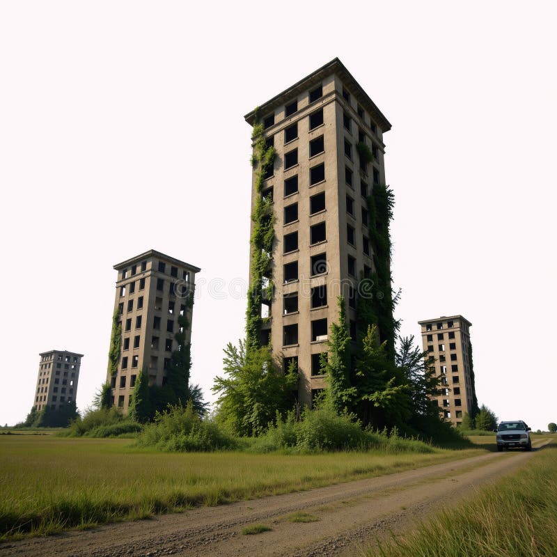 Postapocalyptic Cityscape Featuring Tall Overgrown Structures Against ...