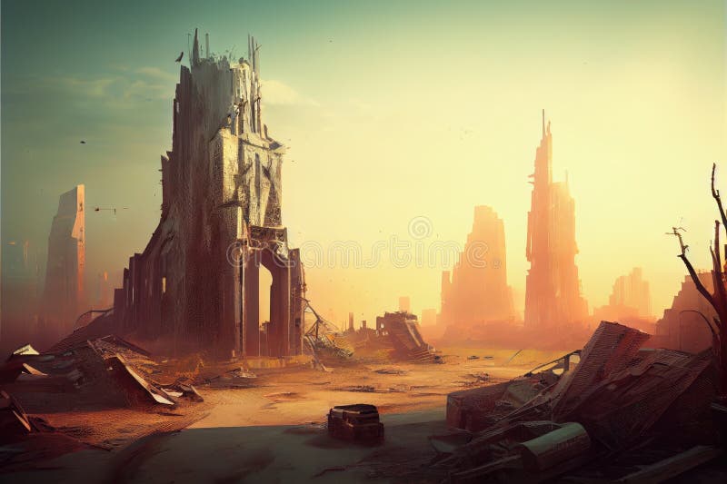 Postapocalyptic Cityscape, with View of Destroyed Tower in the Distance ...