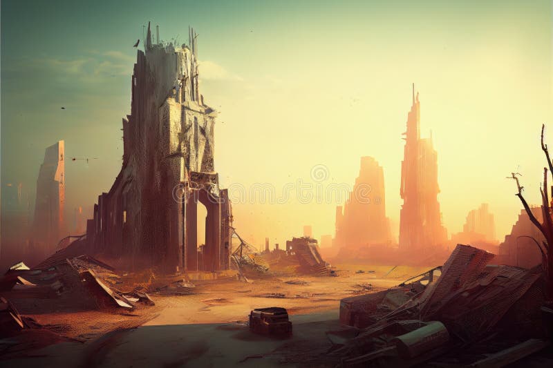 Postapocalyptic Cityscape, with View of Destroyed Tower in the Distance ...