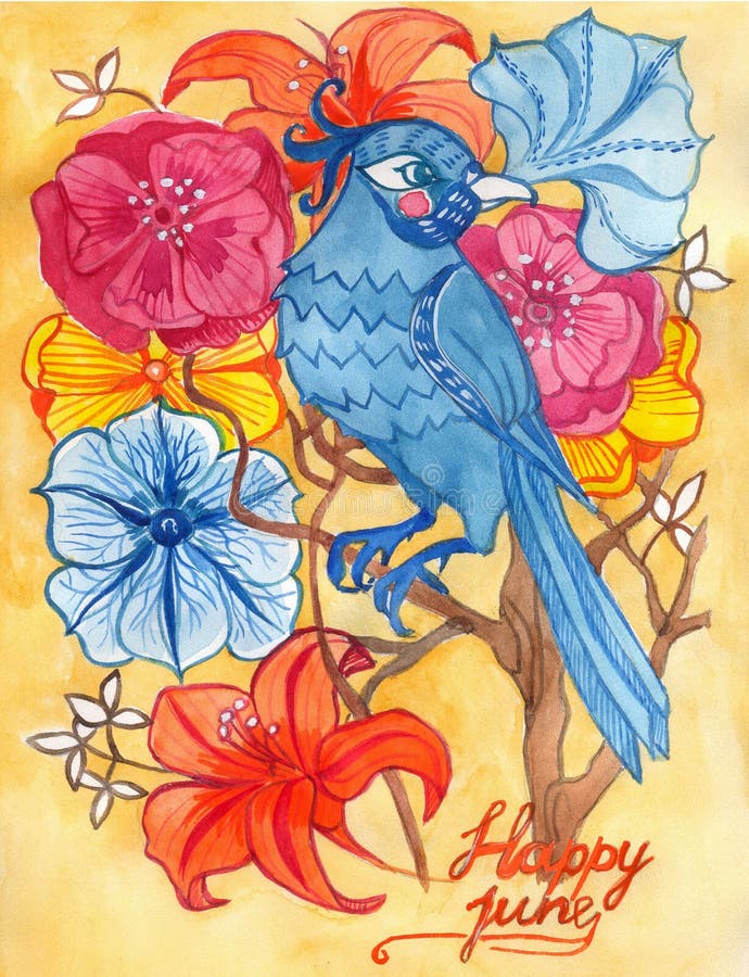 Postcard with blue bird stock illustration. Illustration of flowers ...