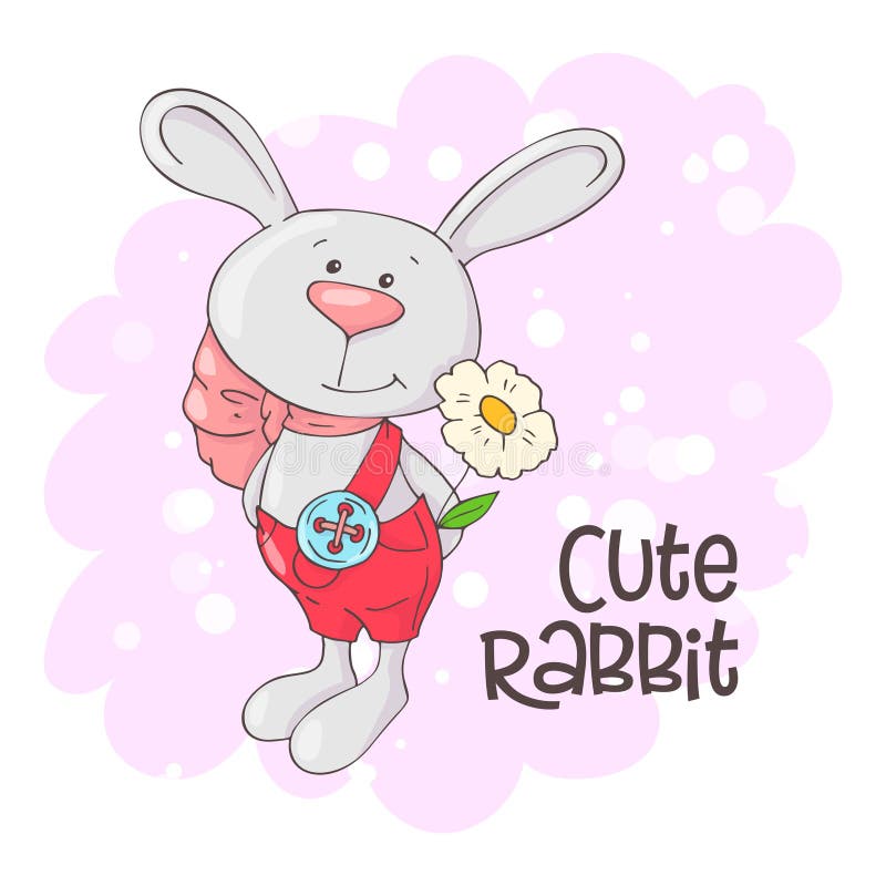 Postcard Cute Rabbit with Flowers. Cartoon Style. Stock Illustration ...