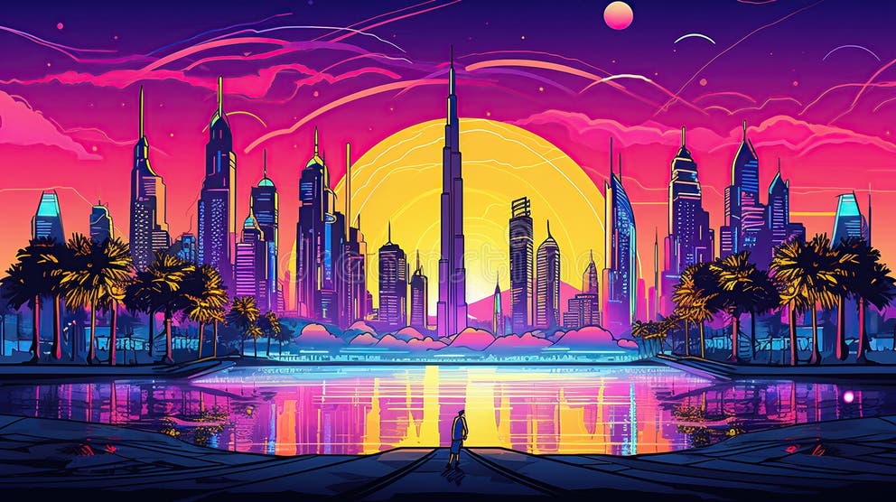 Postcard with Dubai, Neon Style Stock Image - Image of contemporary ...