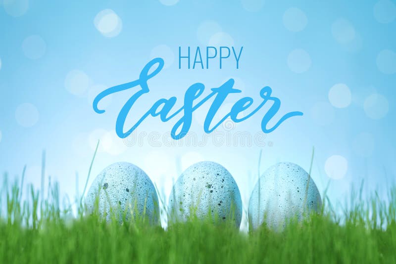 Postcard or Flyer with Happy Easter Lettering. Decorated Easter Blue ...