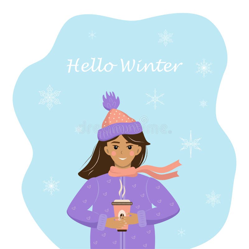 Postcard Hello Winter with a Cute Girl with a Coffee Stock Vector ...