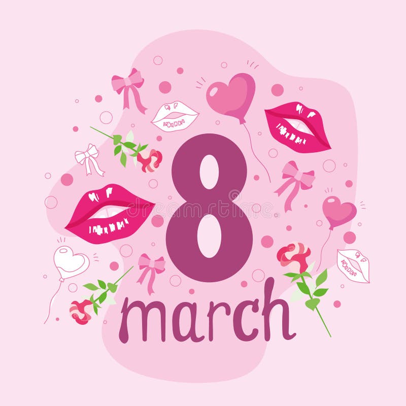 Postcard for March 8 with the Image of Lips, Roses, Bow, Balloon Stock ...