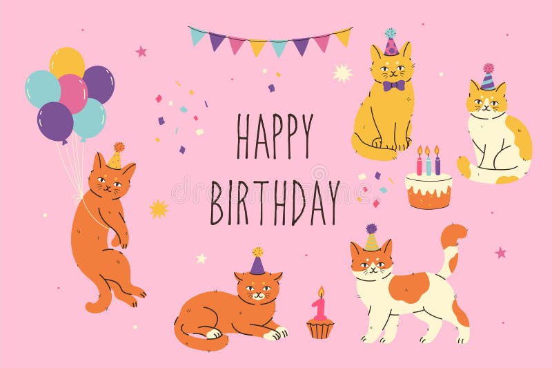 Postcard or Poster with Cats Celebrating Birthday in Caps. Vector ...