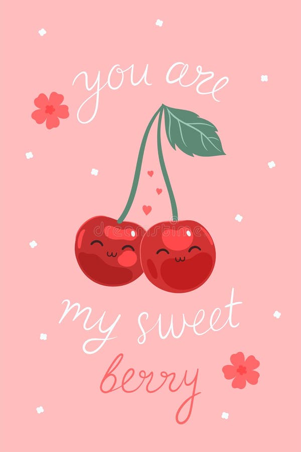 Postcard or Poster with Cute Cherries and with an Inscription. Vector ...