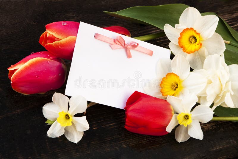 Postcard and Spring Flowers Stock Image - Image of compliments ...