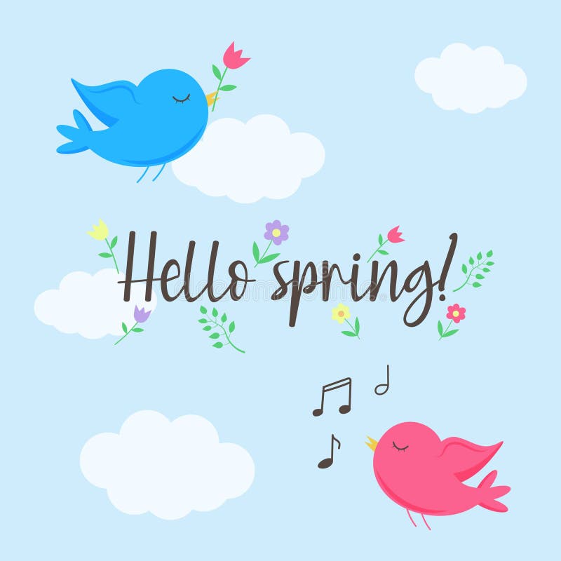 Postcard with Text Hello Spring, Cute Birds Flying among Clouds and ...