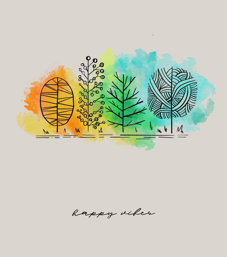 Postcard. Trees. Happy Vibes. Stock Illustration - Illustration of ...