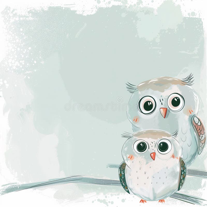 Postcard with Two Owls Huddled Together on a Pale Blue Background ...