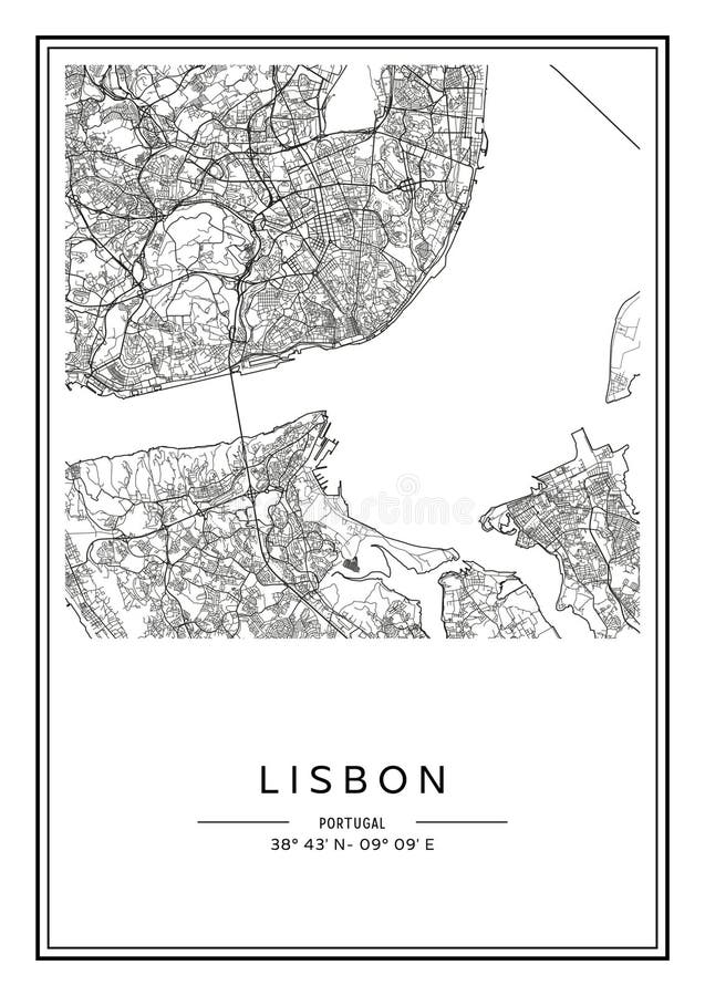 Black and White Printable Lisbon City Map, Poster Design. Stock Vector ...