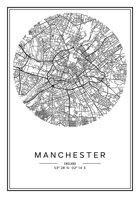 Black and White Printable Manchester City Map, Poster Design. Stock ...